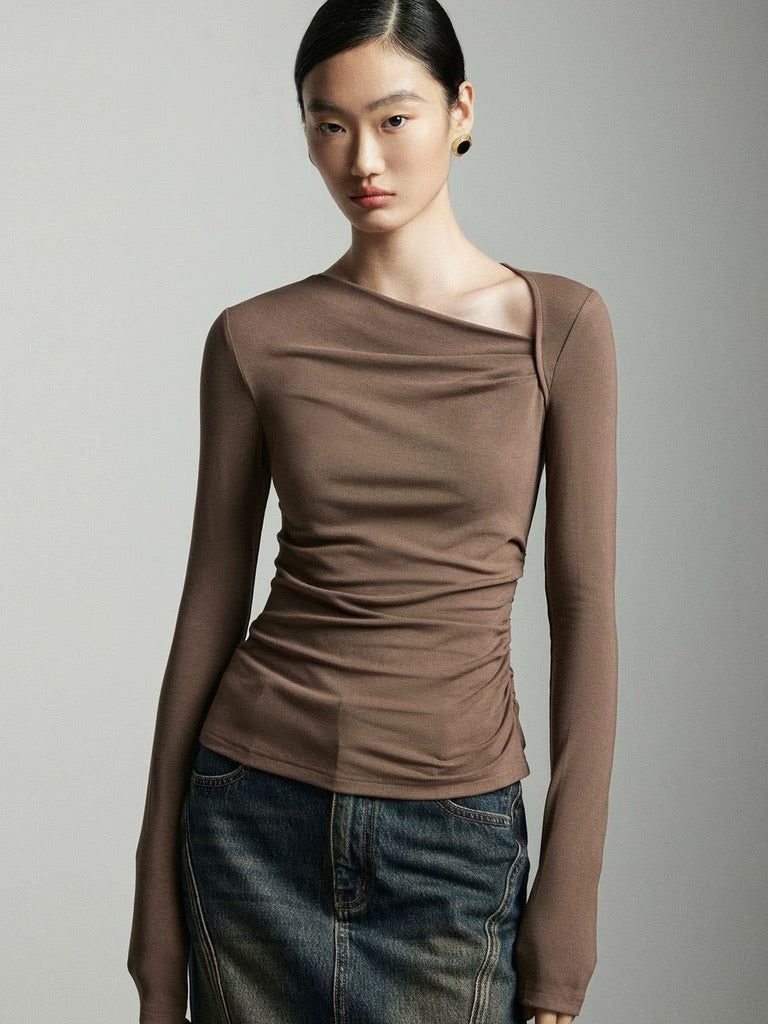 Asymmetric Side Shirring Long Top in Brown – FancyAdd