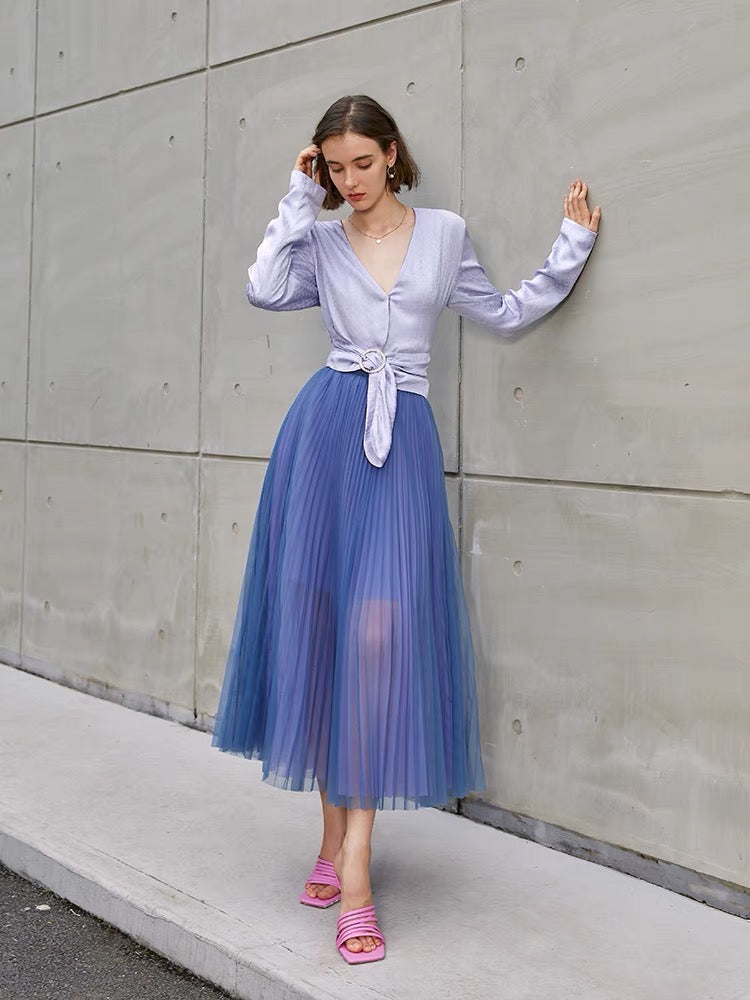 Nani Pleated Sheer A-Line Skirt in Blue – FancyAdd