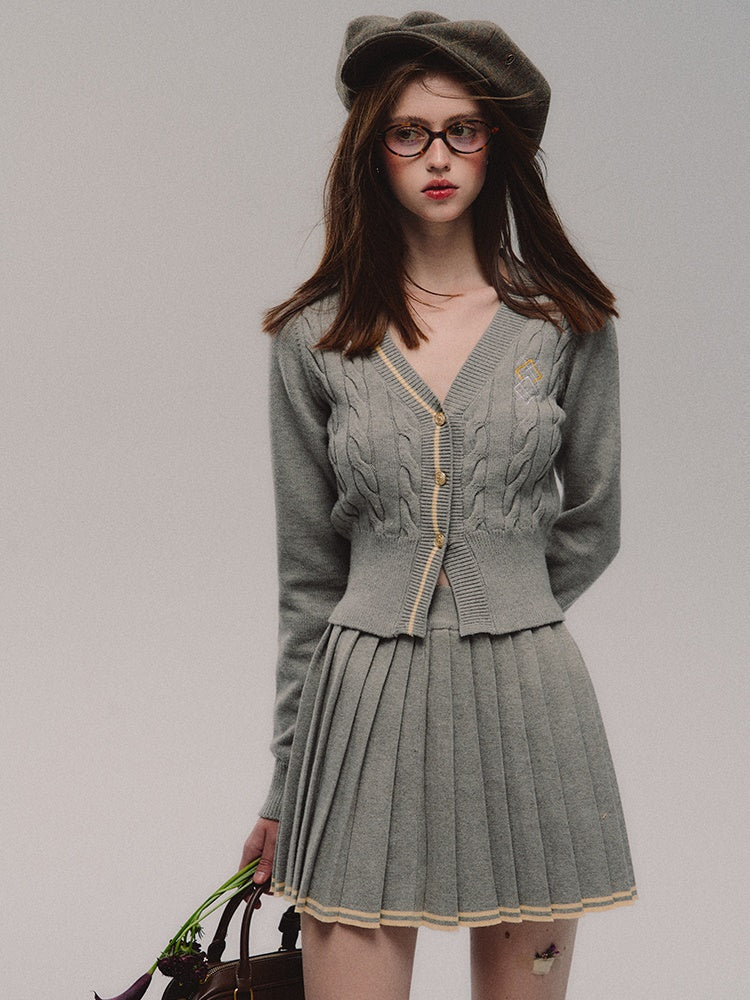Embroidered Cable Knitted Cardigan & Pleated Skirt – FancyAdd