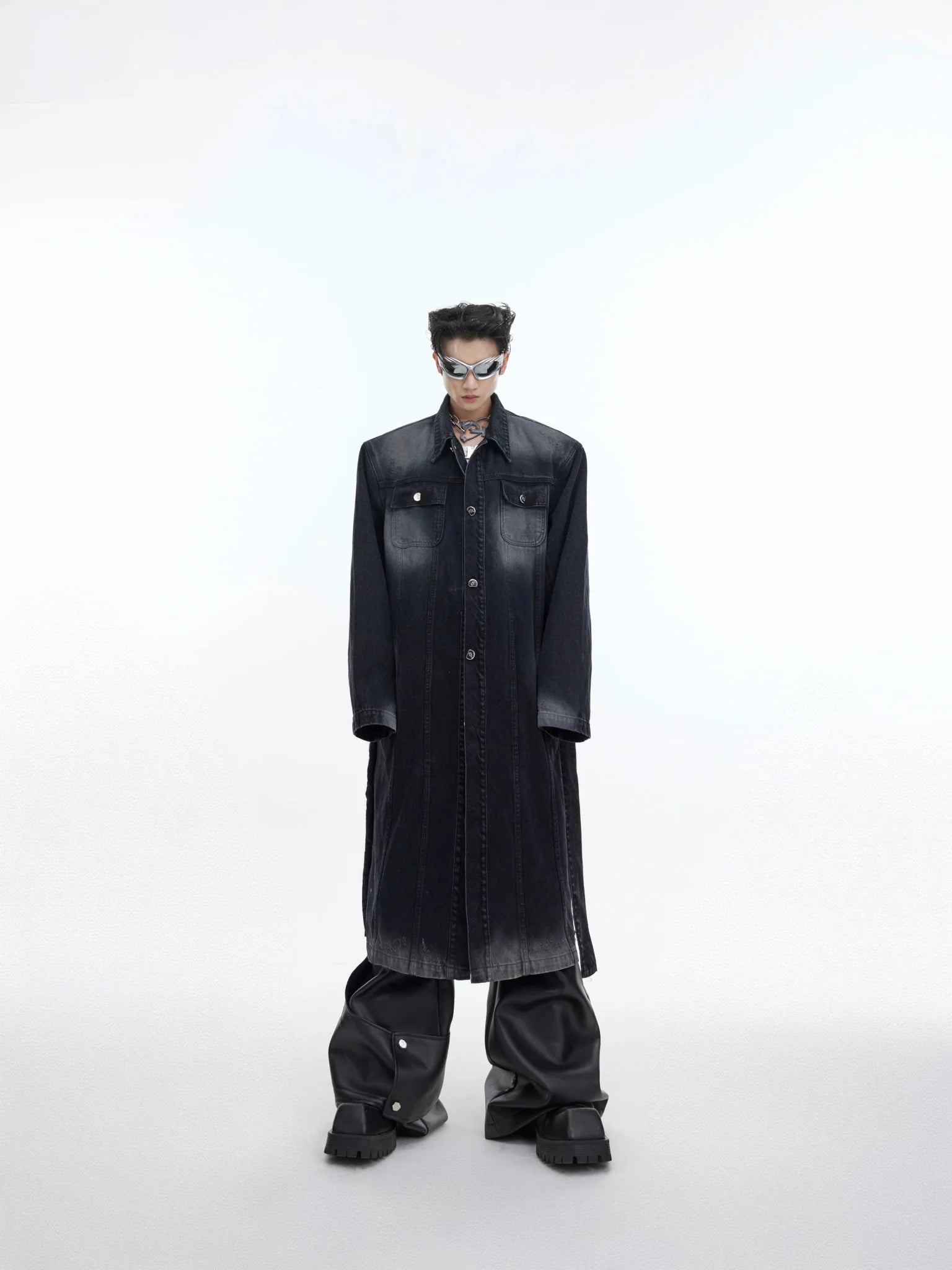 Deconstructed Aged Wash Long Denim Coat | Over-Knee Trench with Line D ...