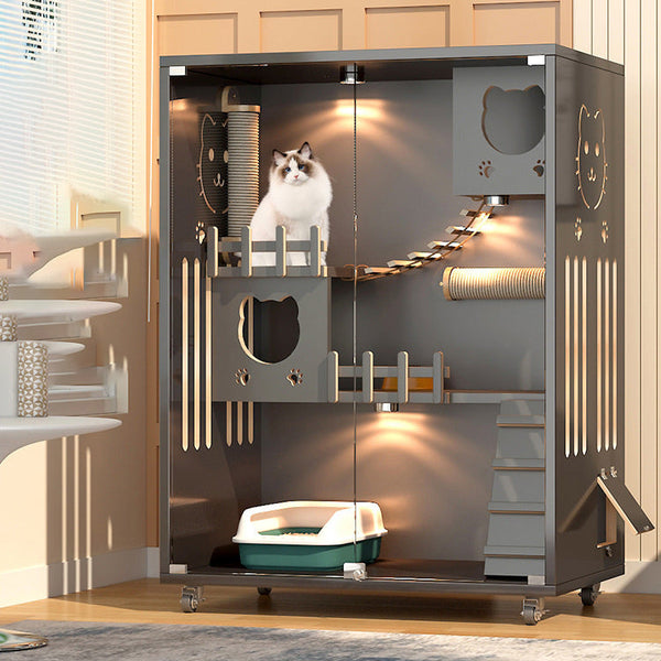 Luxury Cat House Large Wooden Cat Villa with Ramp and Covered & Light ...