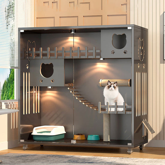 Luxury Cat House Large Wooden Cat Villa with Ramp and Covered & Light ...