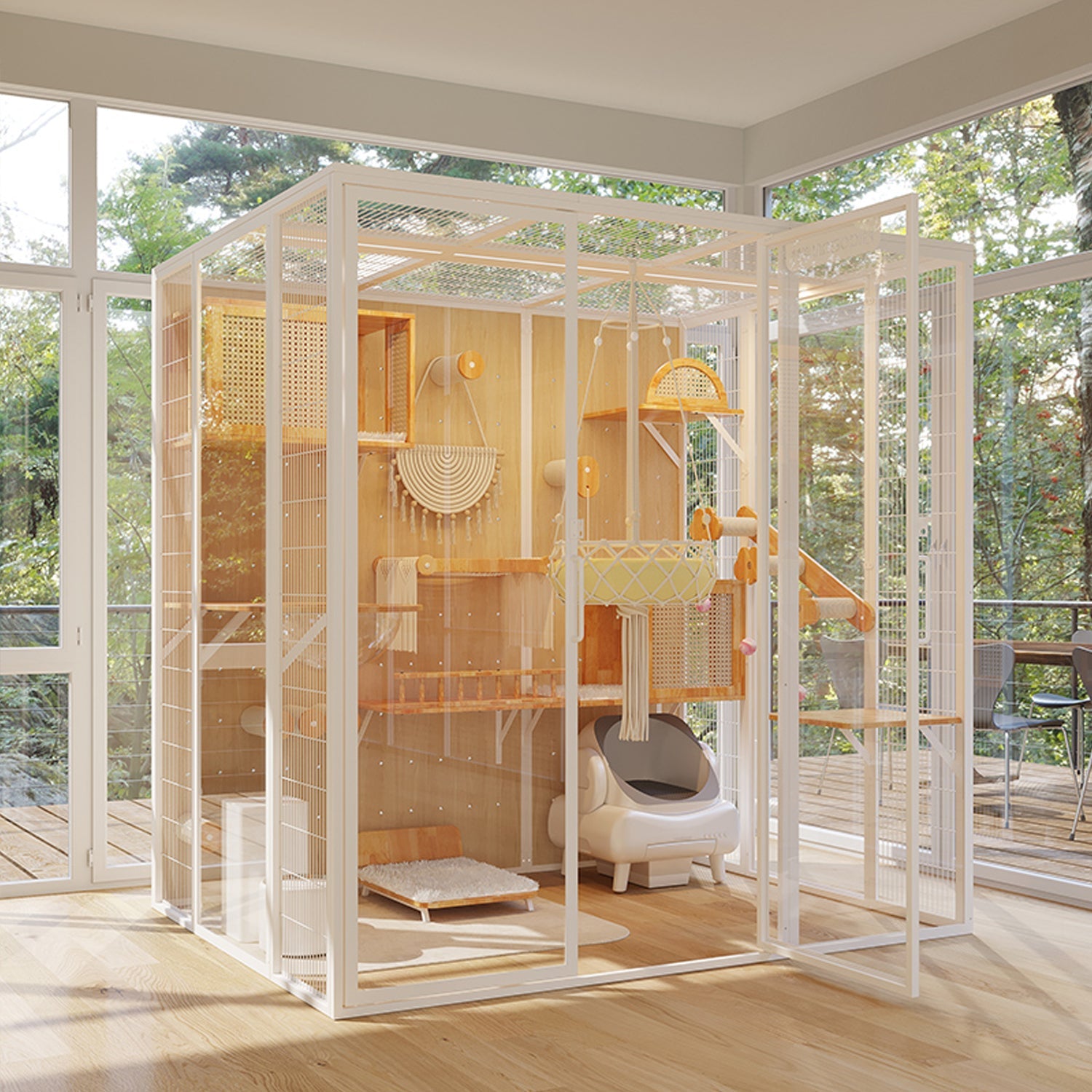 Bohemian Style Cat Villa Solid Wood Luxury Panoramic Cat House Glass C ...